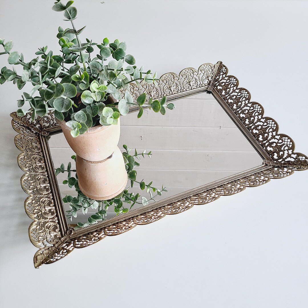 Vintage Mirrored Tray | Filigree Tray | Vanity Tray | Pewter Details ...