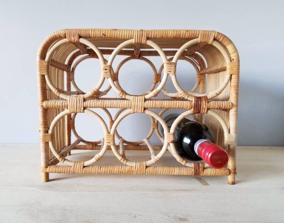 Vintage wicker wine rack | rattan bentwood wine holder