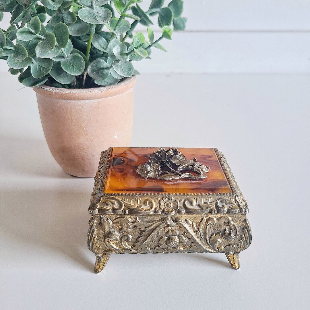 Vintage Filigree Trinket Box Victorian Style Jewelry Box With Bakelite ...