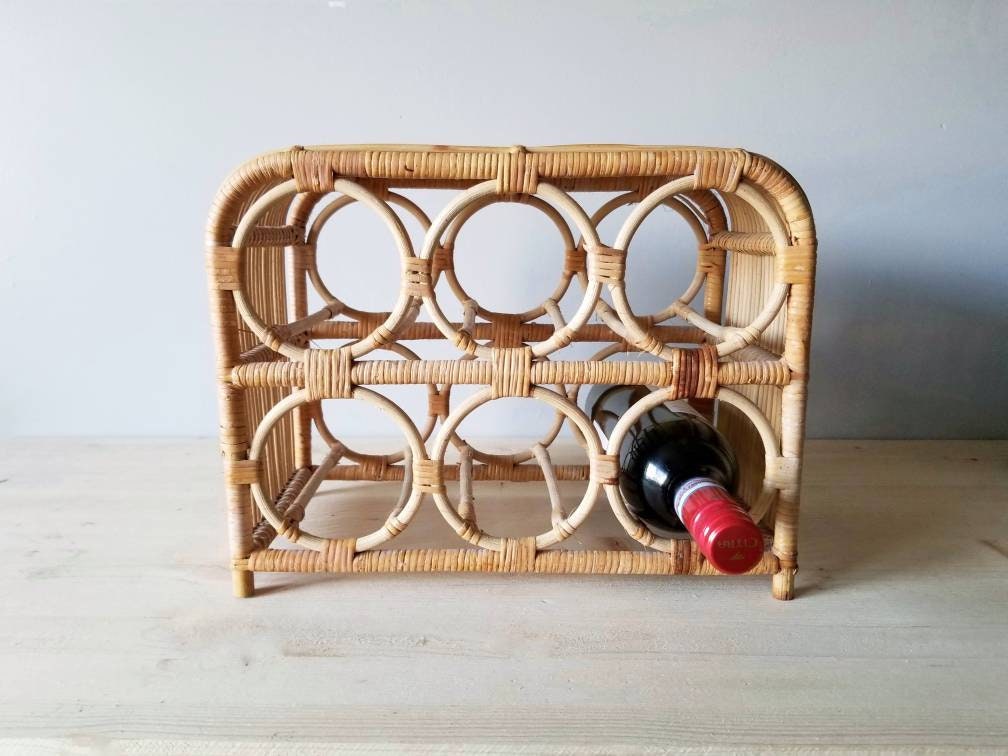 Vintage wicker wine rack | rattan bentwood wine holder