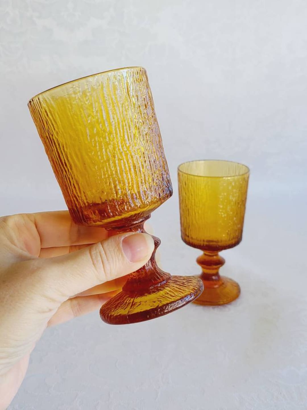 Vintage Pair of Amber Wine Glasses Small Wine Goblets Ravenhead Siesta ...