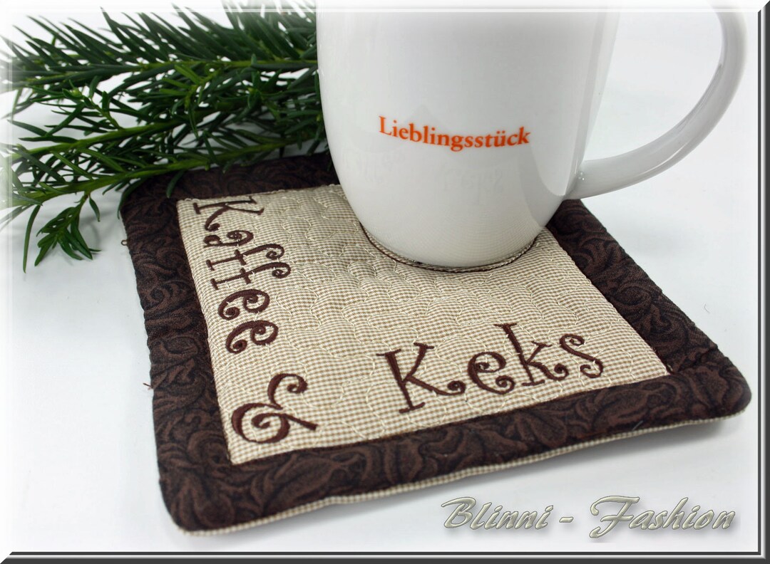 Mug Rug, KAFFEE & KEKS, MugRug in brown for coffee break, coaster ...