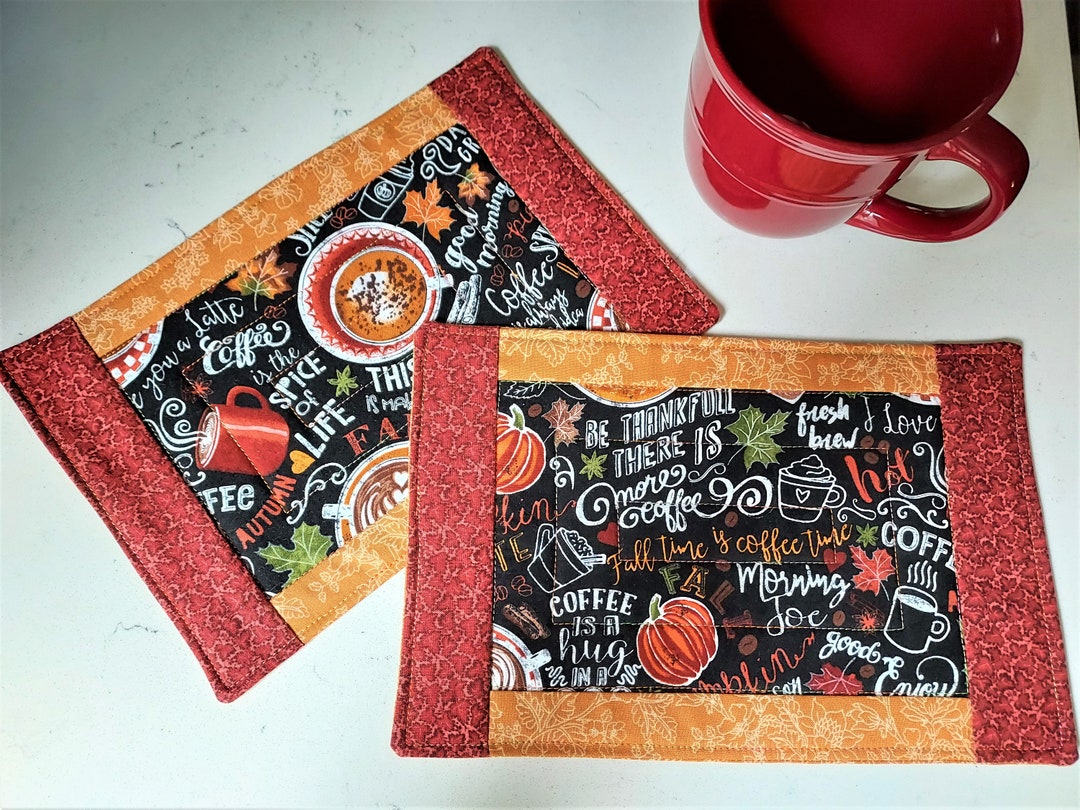Coffee Theme Mug Rug Set of Two - Autumn Theme Snack Mats - Coffee and ...