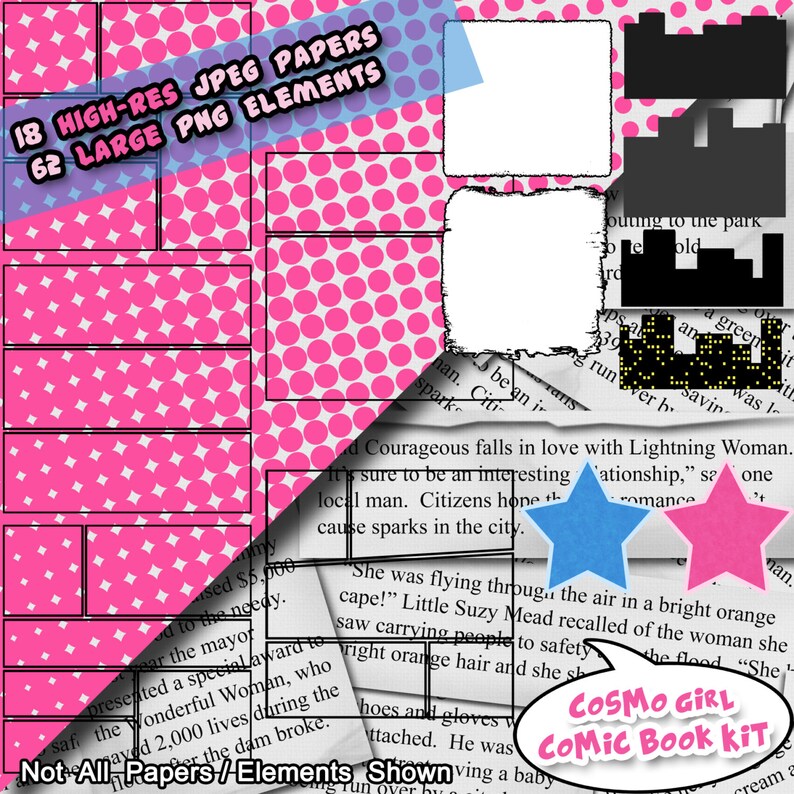 Cosmo Girl Comic Book Super Hero Digital Scrapbook Pink Blue Manga - 18 ...
