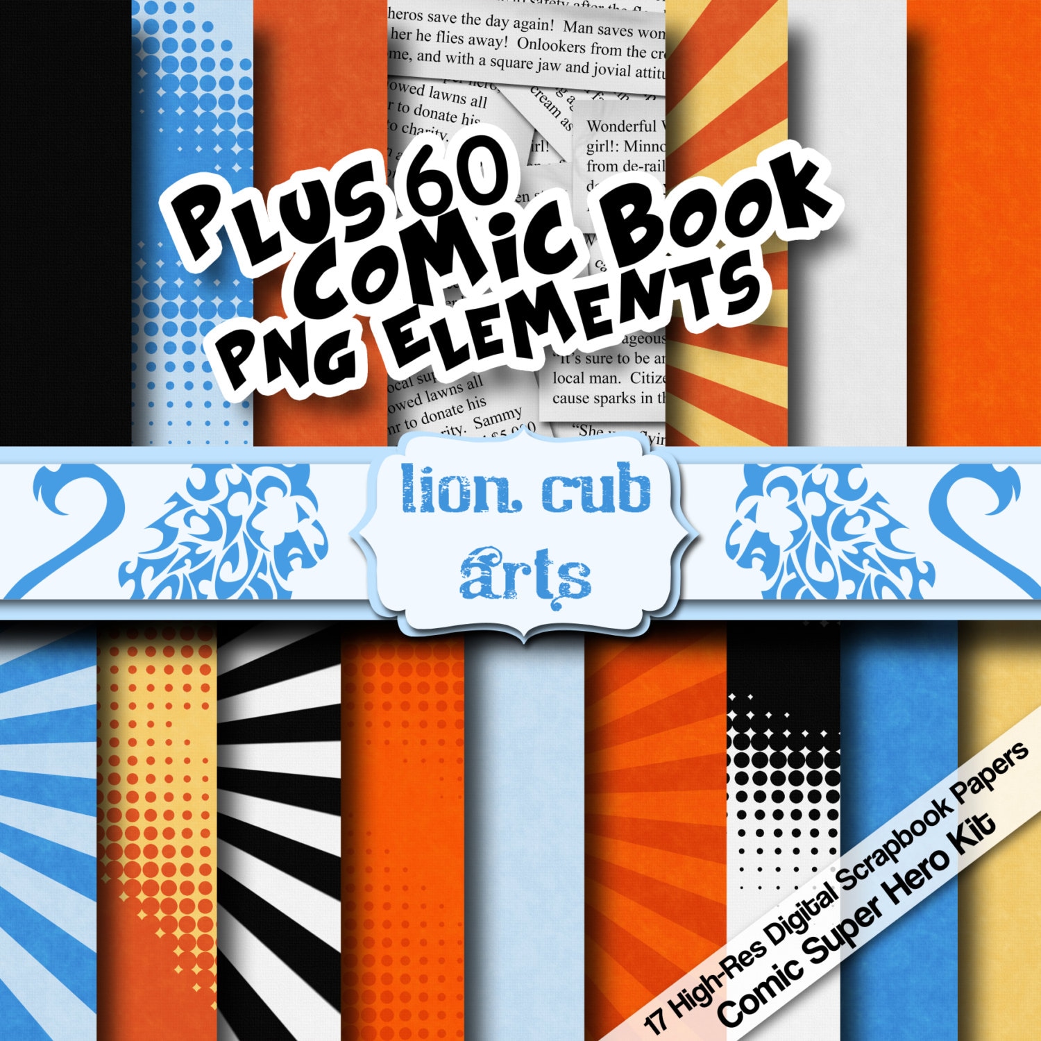 Comic Book Super Hero Digital Scrapbook Paper Blue Orange Black Manga ...