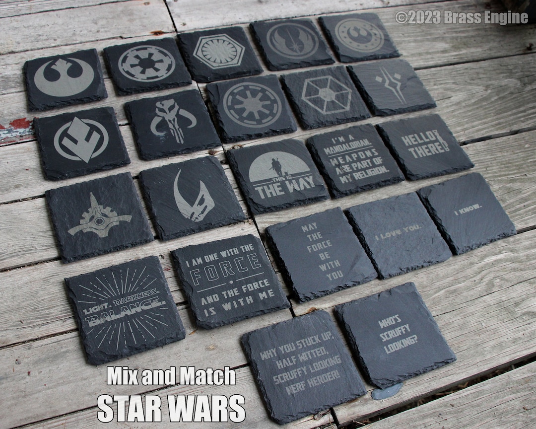 Star Wars Slate Coasters Mix and Match Gray Choice of Set of 4 6 8 the Force Rebel Empire Jedi ...