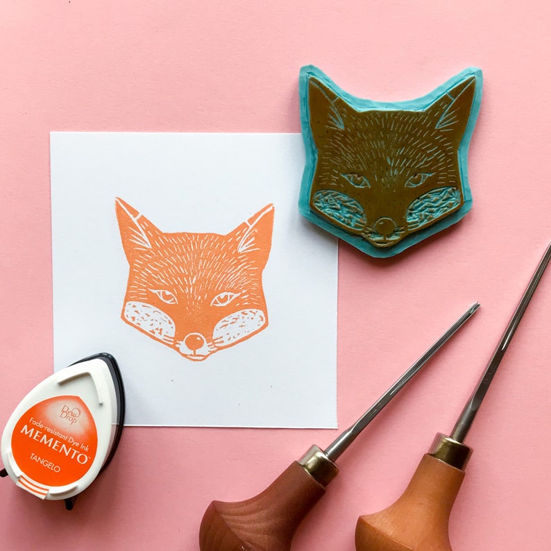 Fox stamp rubber hand carved / autumn fall design / wild | Etsy