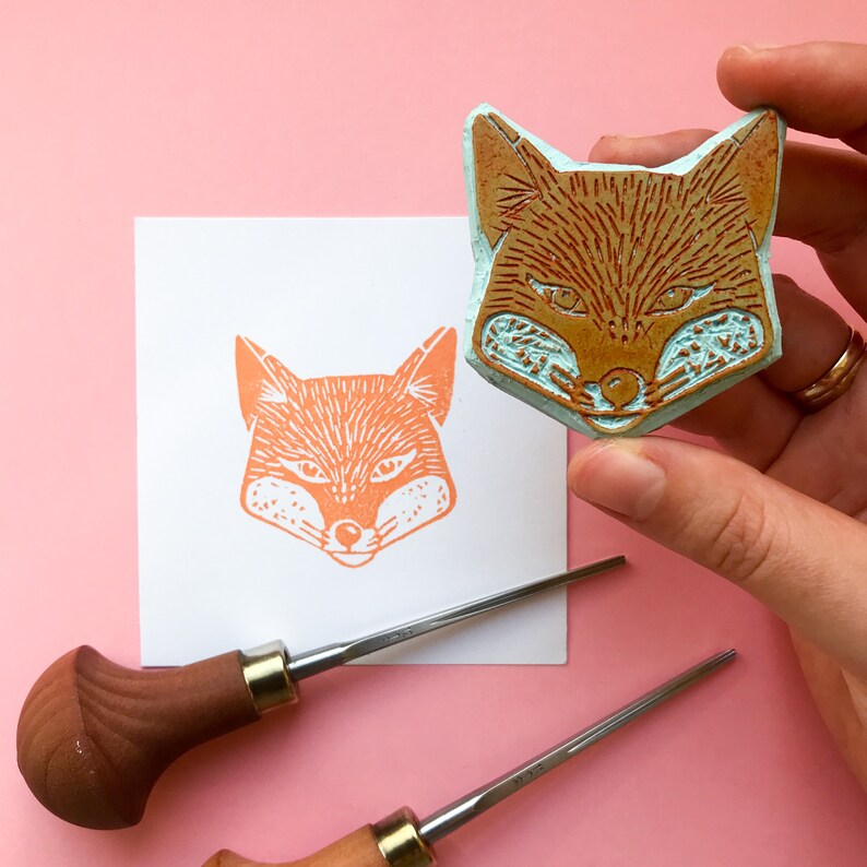 Fox stamp rubber hand carved / autumn fall design / wild | Etsy