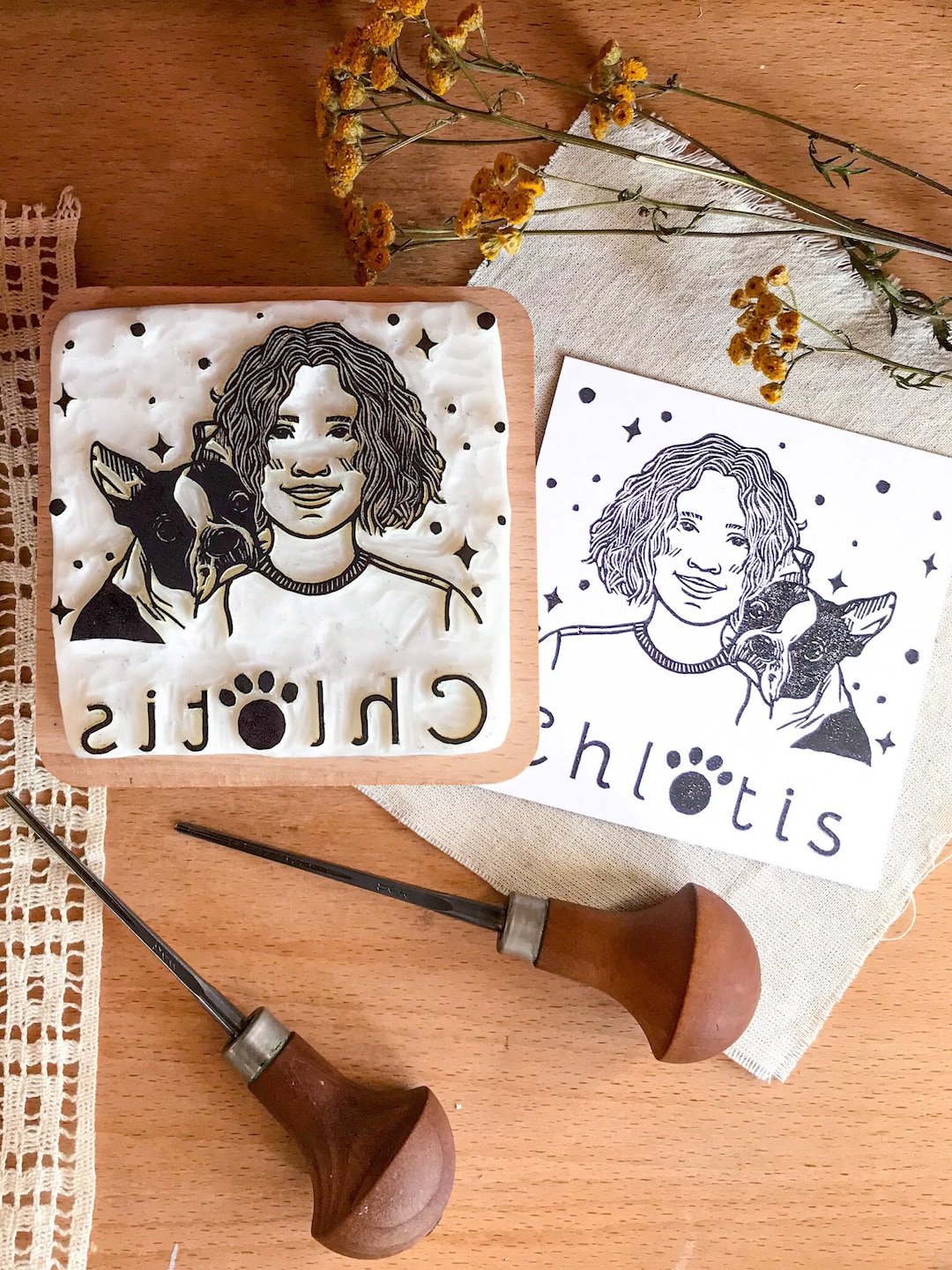 Custom Portrait Rubber Stamp of One Person With a Pet, Unique Gift for ...
