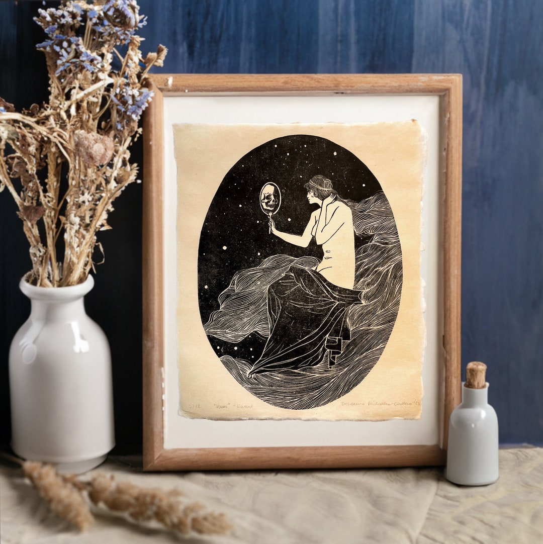 Venus With a Mirror - Original Linocut Print, Wall Decor for Mythology ...