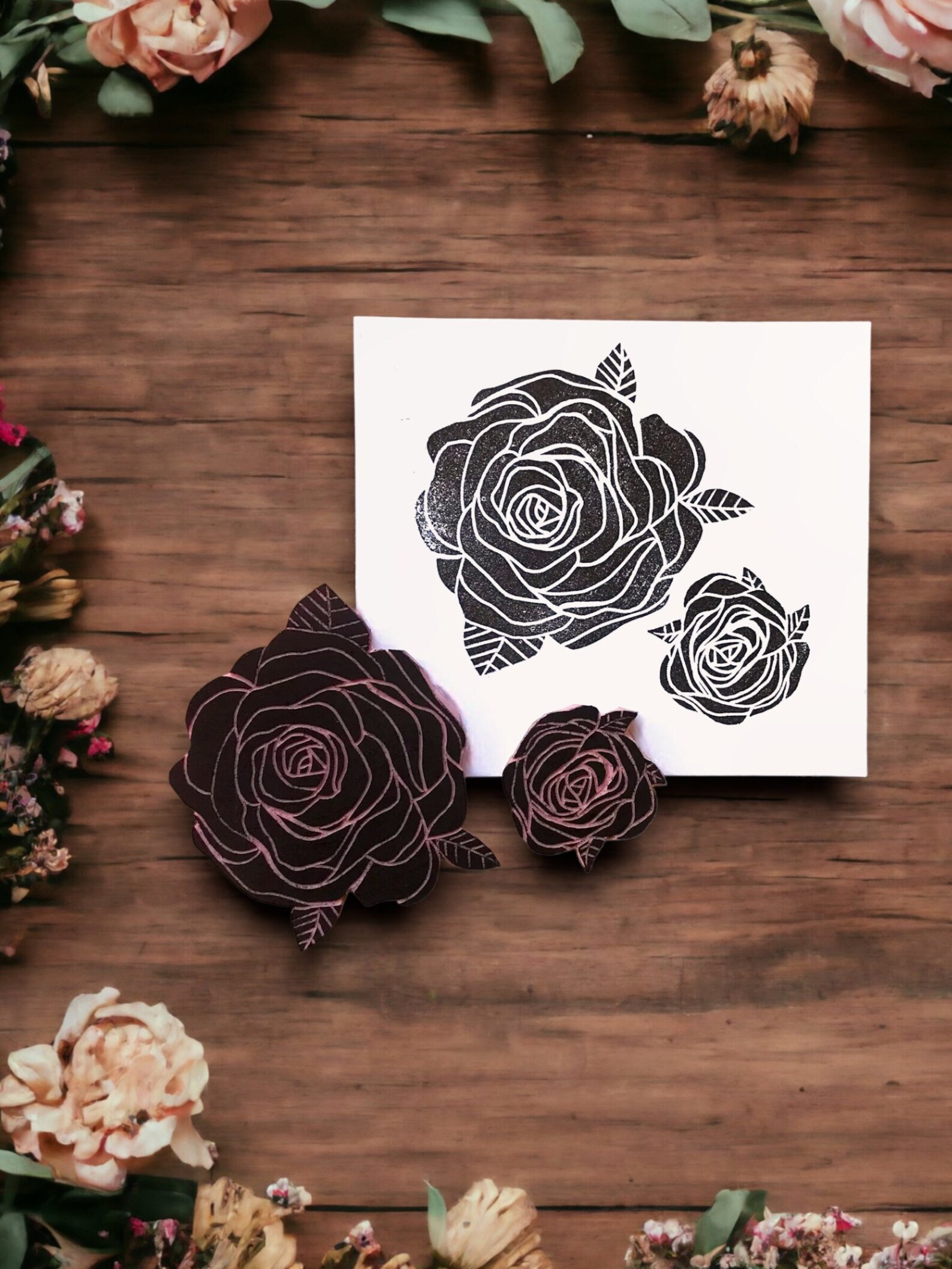 Rose Stamp Set / Hand Carved Stamp / Botanical Stamp / Floral Pattern ...