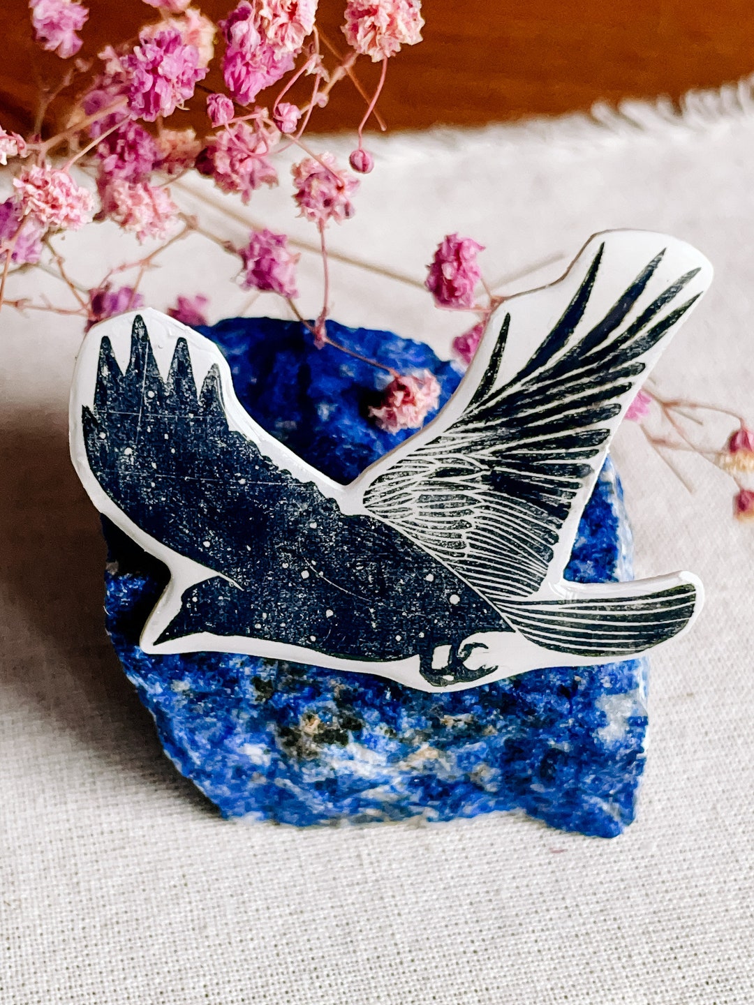 Flying Raven Pin for Edgar Allan Poe Fan, Starry Bird Badge for ...