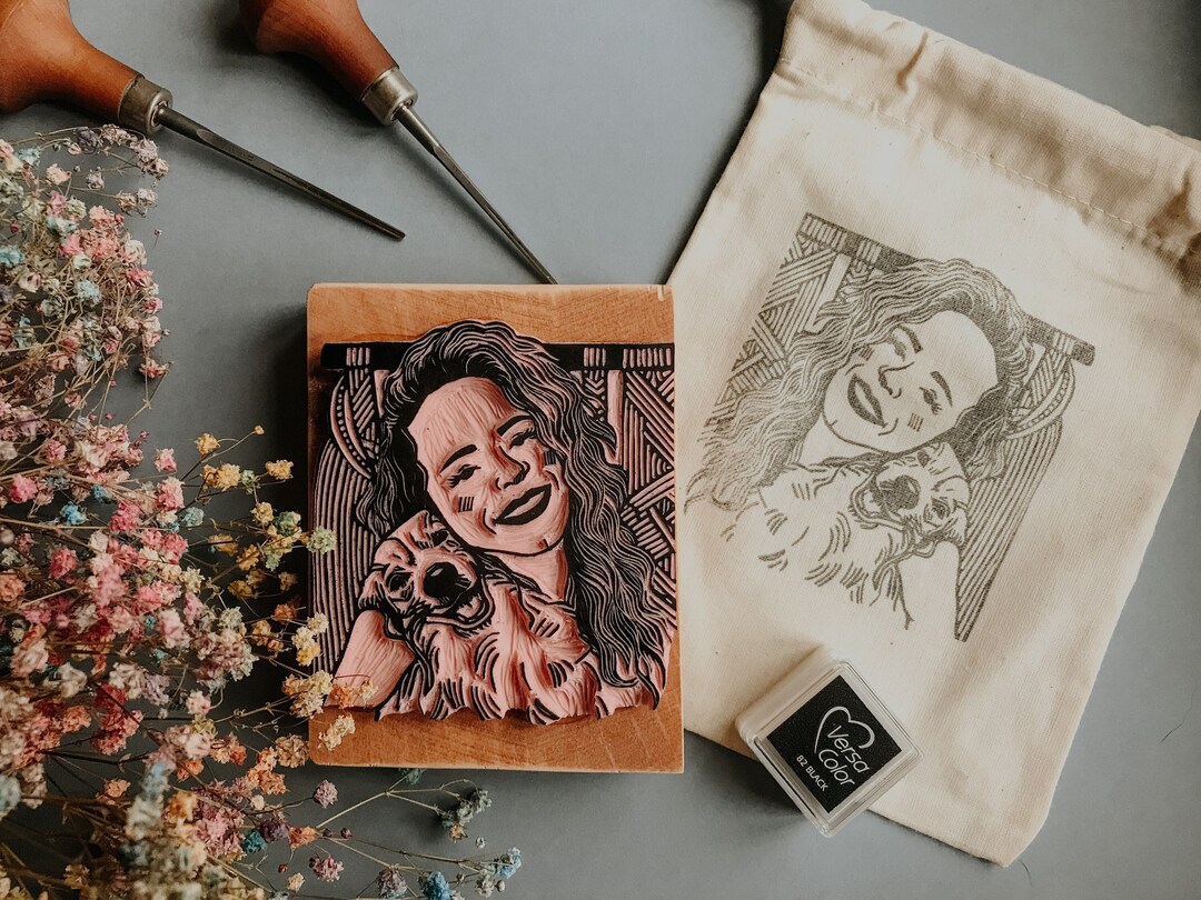 Custom Hand Carved Rubber Stamp Portrait, Handmade Personalized Face ...