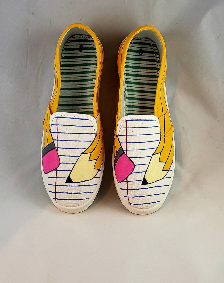 Hand PAINTED TEACHER SHOES pencil and paper shoes | Etsy