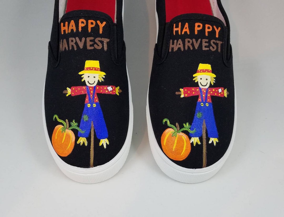 HAND PAINTED CUSTOM Shoes Autumn Shoes, Happy Harvest, Scarecrow Shoes ...