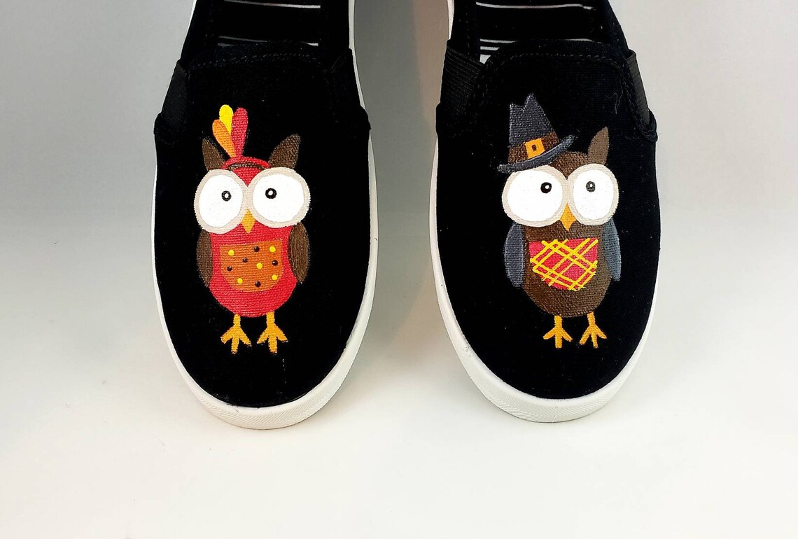 THANKSGIVING Hand PAINTED SHOES Owl Shoes Pilgrim and Indian - Etsy