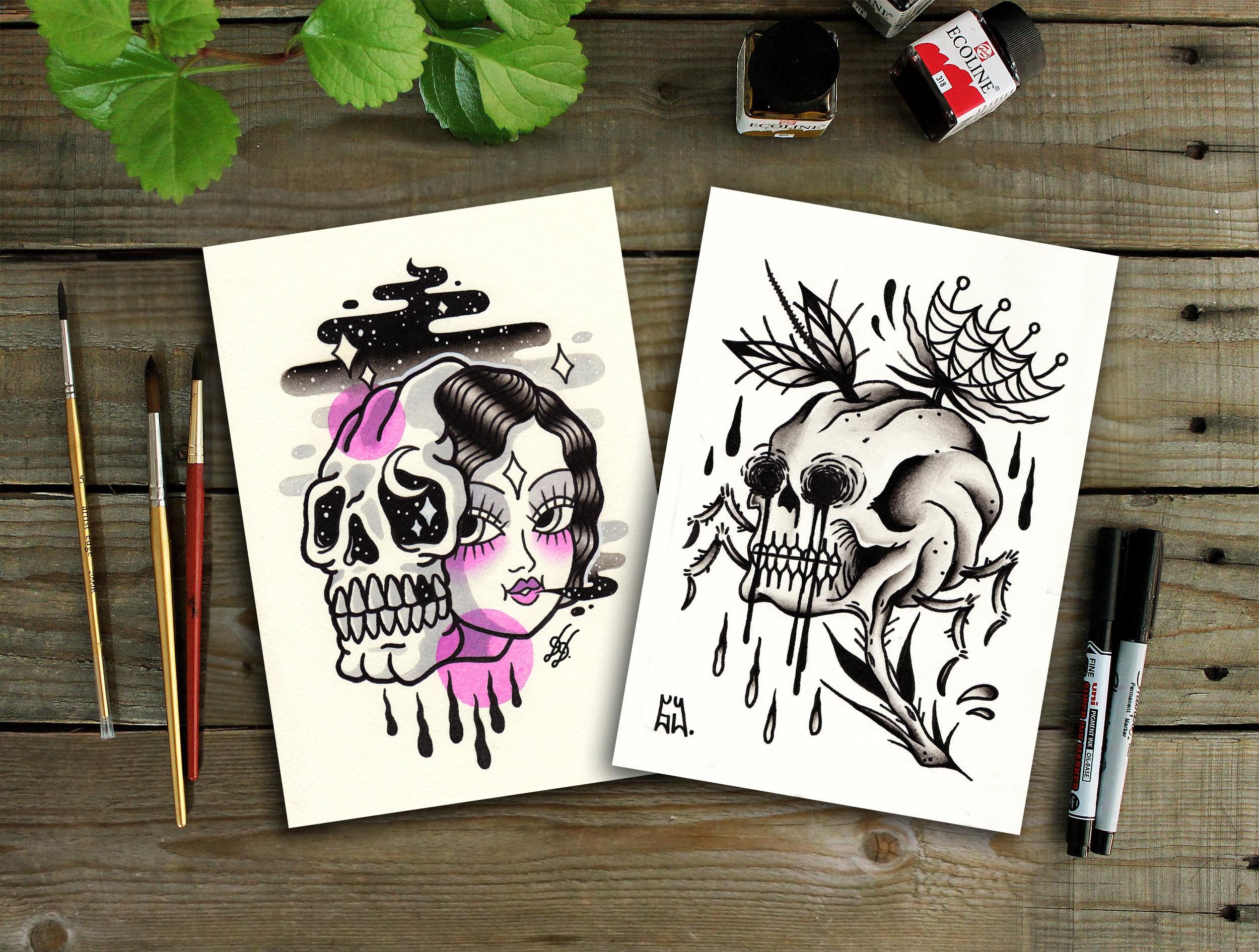 Original American Traditional Tattoo Flash Print Skull Traditional