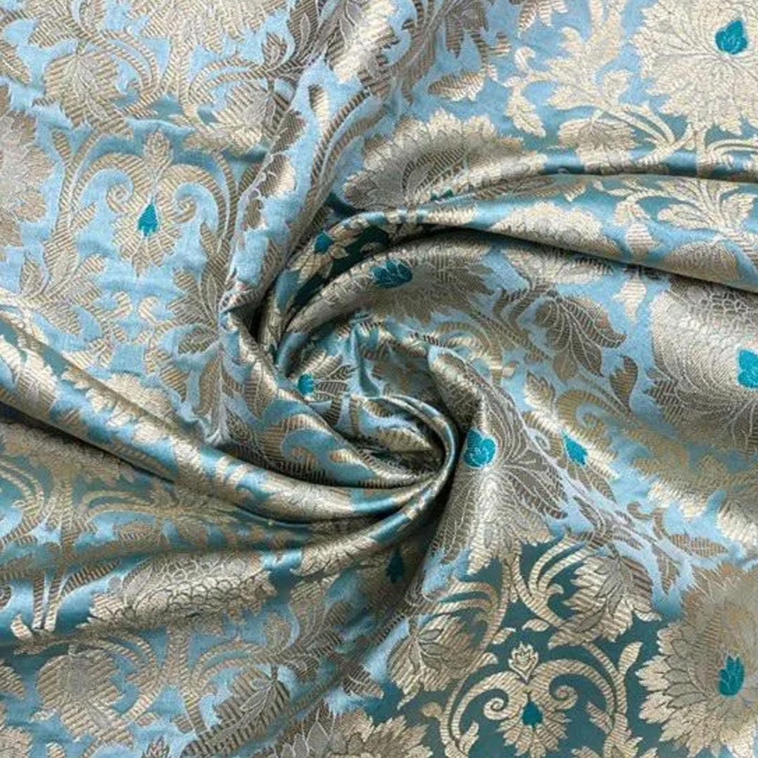 Brokat Stoff Graublau Gold Jacquard Damast Rayon Seidenbrokat Hochzeit ...