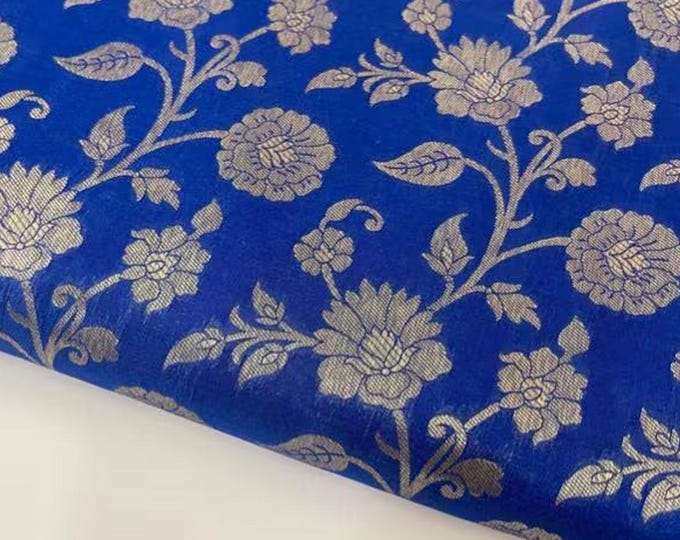 Brocade Fabric Jacquard Damask Fabric Blue Gold Brocade Wedding Bridal ...