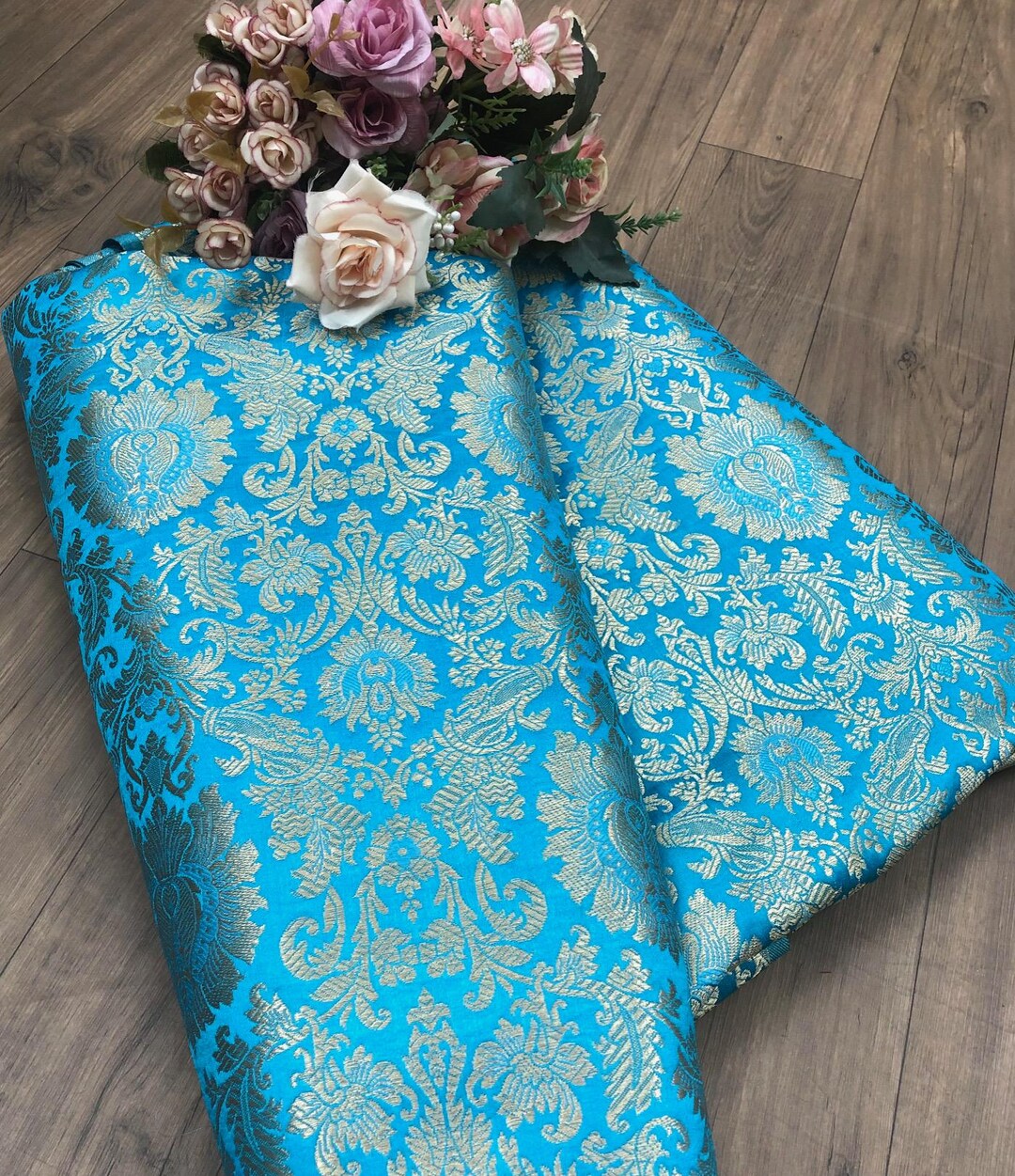 Brocade Fabric Jacquard Damask Fabric Blue Gold Brocade Wedding Bridal ...