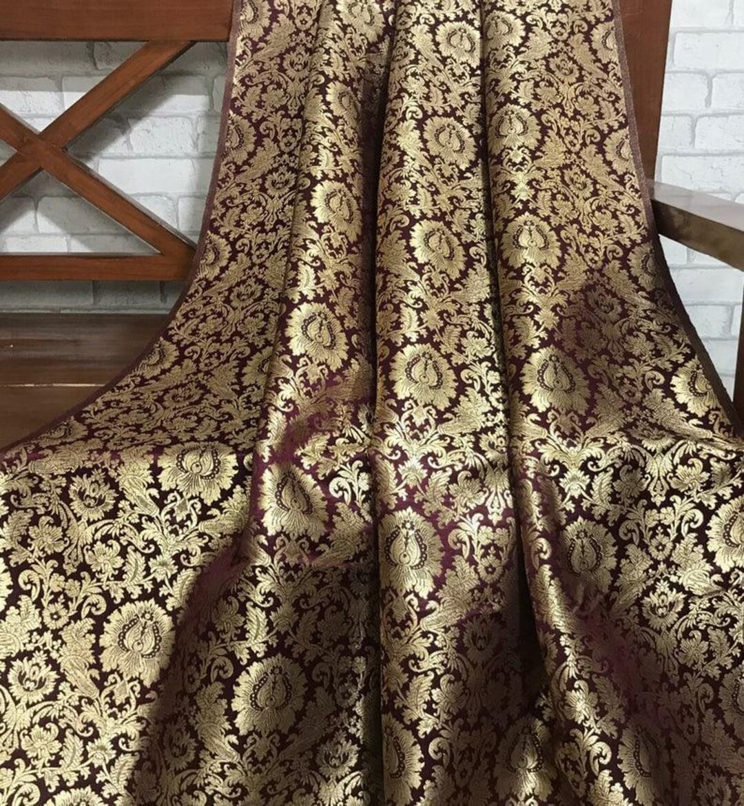 Gold Brocade Fabric Maroon Jacquard Fabric Brokat Tissu Wedding Bridal ...