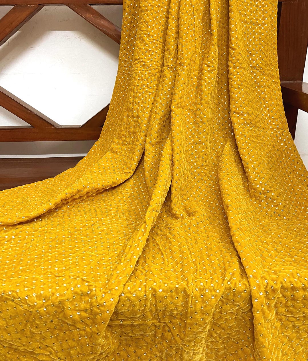 Embroidered Velvet Fabric Mustard Gold Embroidery Stretchable Fabric ...
