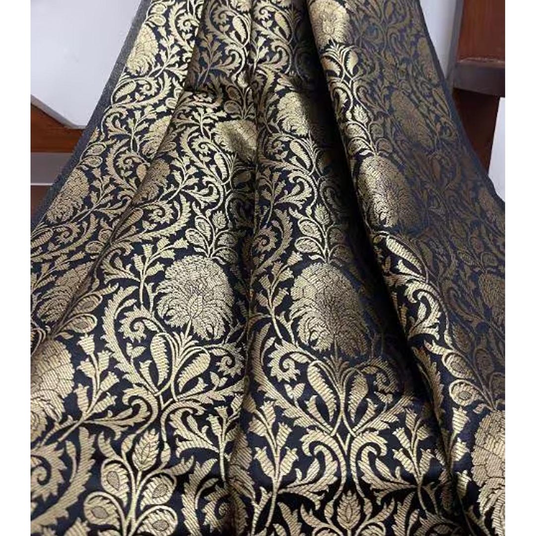 Brocade Fabric Jacquard Damask Fabric Black Gold Brocade Wedding Bridal ...