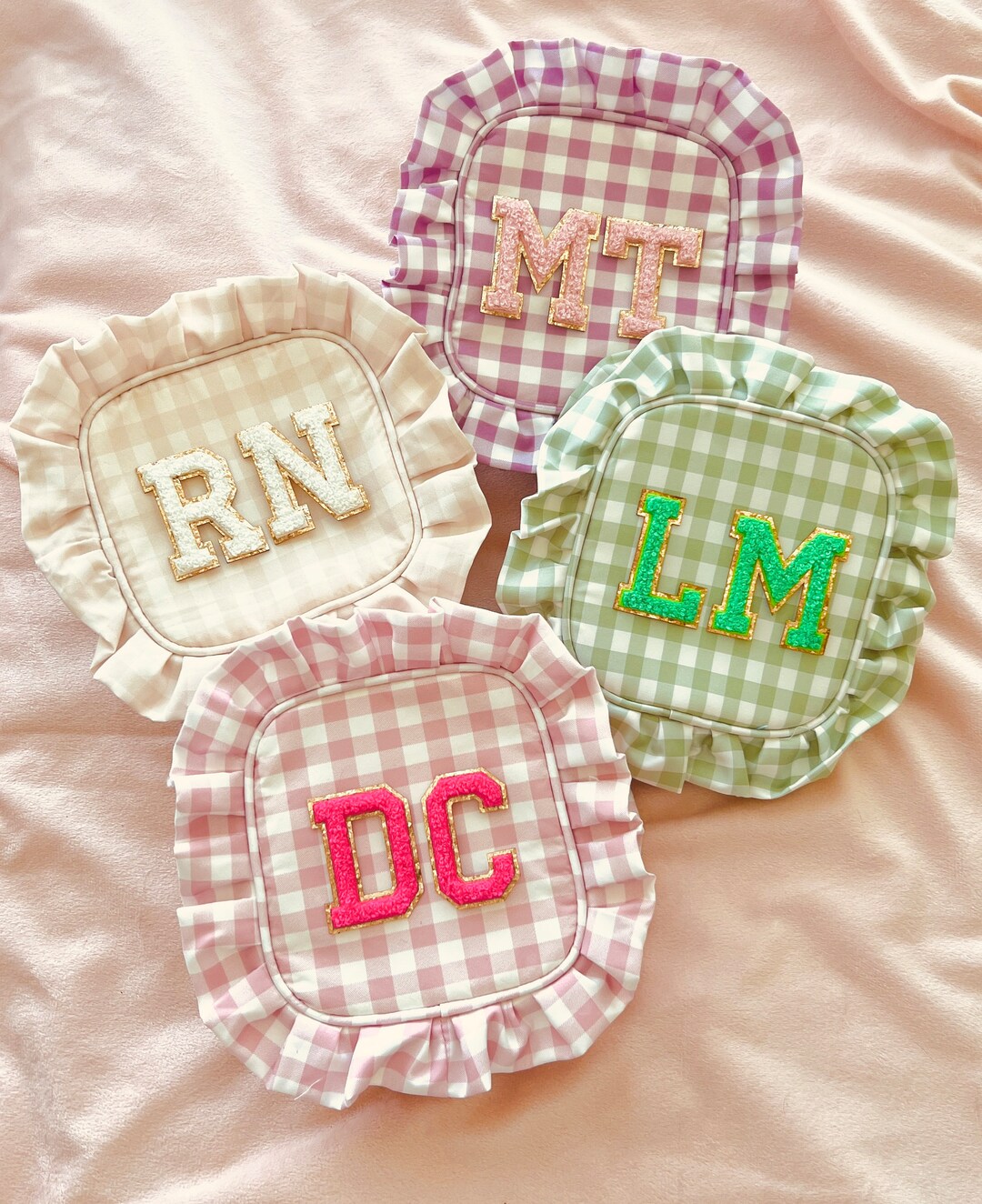 Ruffle Monogram Pouch | Varsity Letter Pouch, Makeup, RX, Stuff, Lips ...