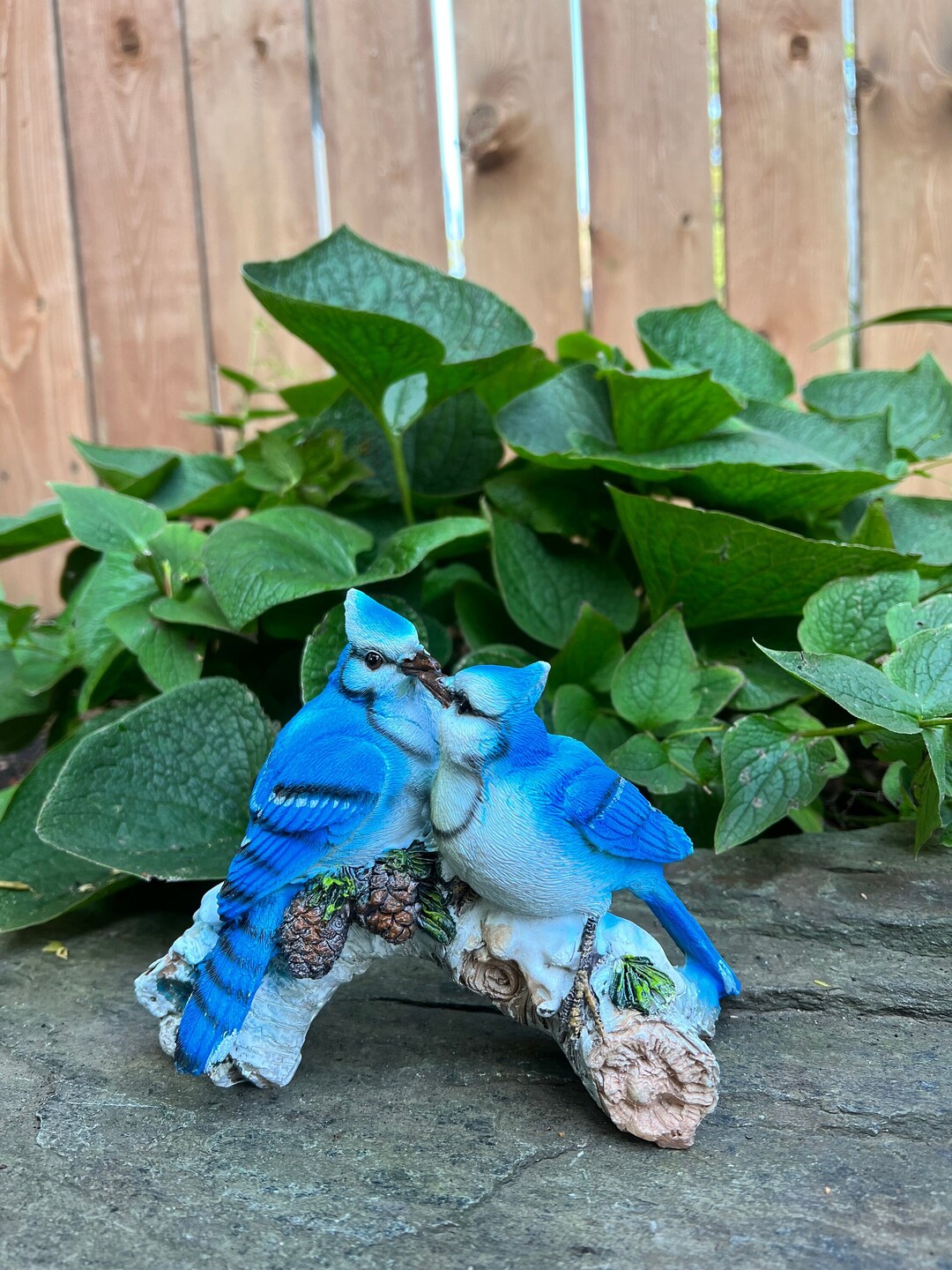 Blue Jay Birds on Tree Branch Pine Cones Small Garden Statue Resin Home ...