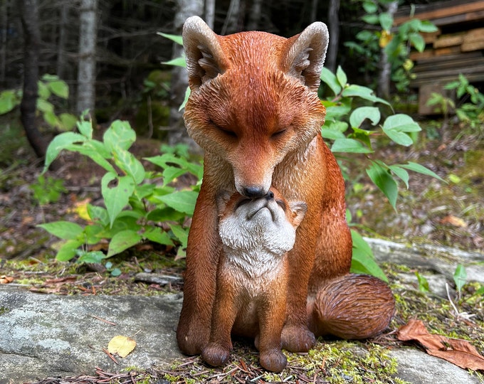 Red Fox Mom and Baby Pup Figurine Resin Yard Ornament Lawn Decor Garden ...