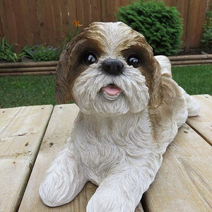 Shih Tzu Dog Lying Down Statue Figurine 14.5 Inches Wide, Brown White ...