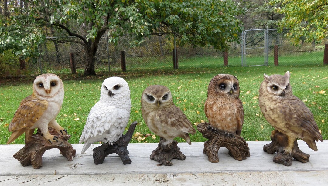 Set of 5 Owl Figurines on Tree Stump /home Garden Decoration Resin ...