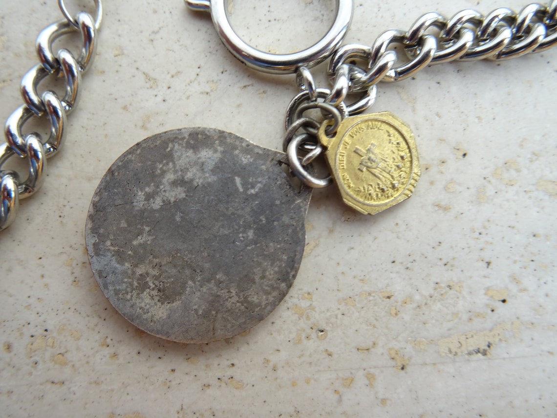Religious Vintage Silver Plated Catholic Pocket Watch Chain With Charms ...