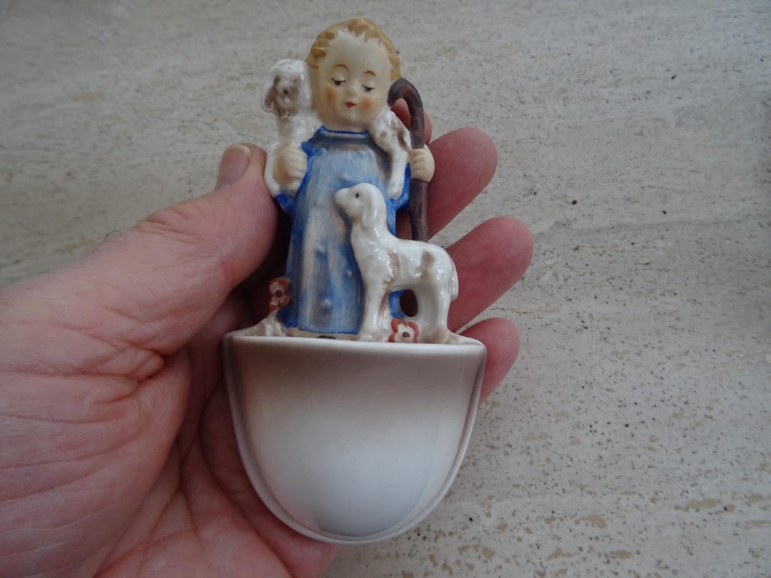 Vintage Catholic French Holy Water Font Stoup of Porcelain With Child and Lambs by Hummel Goebel ...