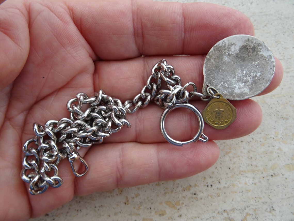 Religious Vintage Silver Plated Catholic Pocket Watch Chain With Charms ...