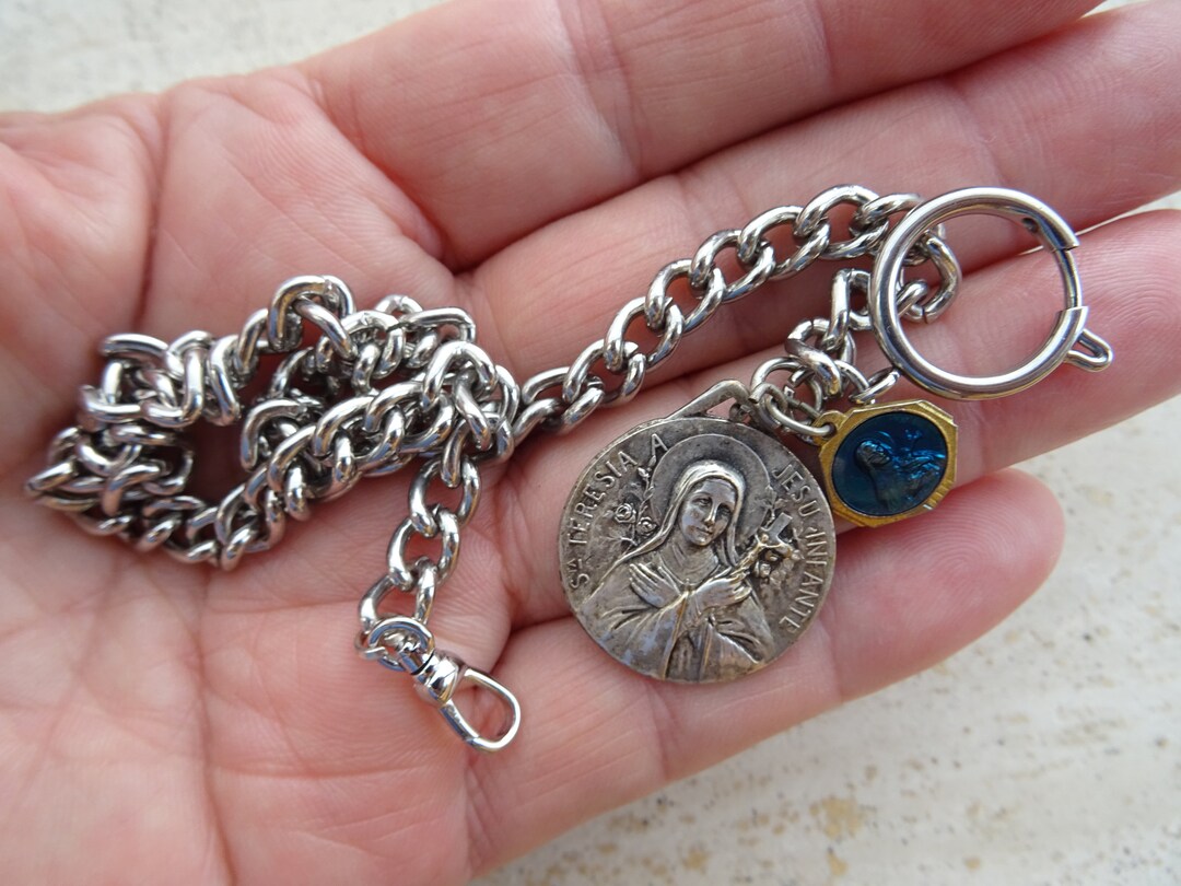 Religious Vintage Silver Plated Catholic Pocket Watch Chain With Charms ...