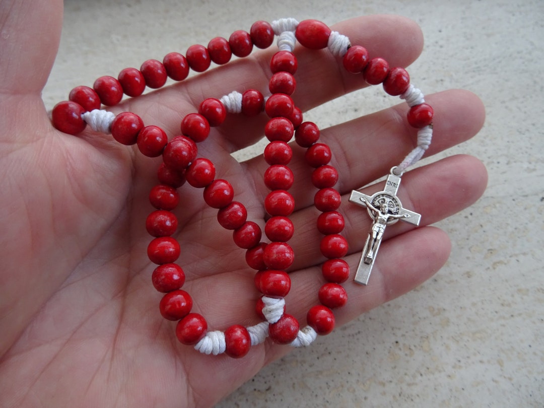 Religious Vintage Catholic Macrame Rosary With Red Wooden Beads and ...