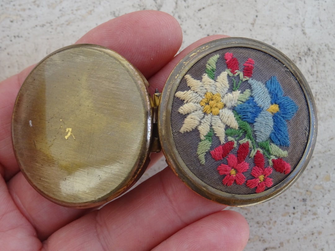 Vintage French Copper Pocket Shrine Box Rosary Holder With Embroidered ...