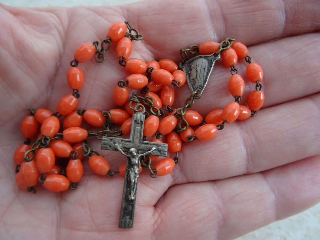Religious Antique French Catholic Red Rosary With Orange Beads and ...