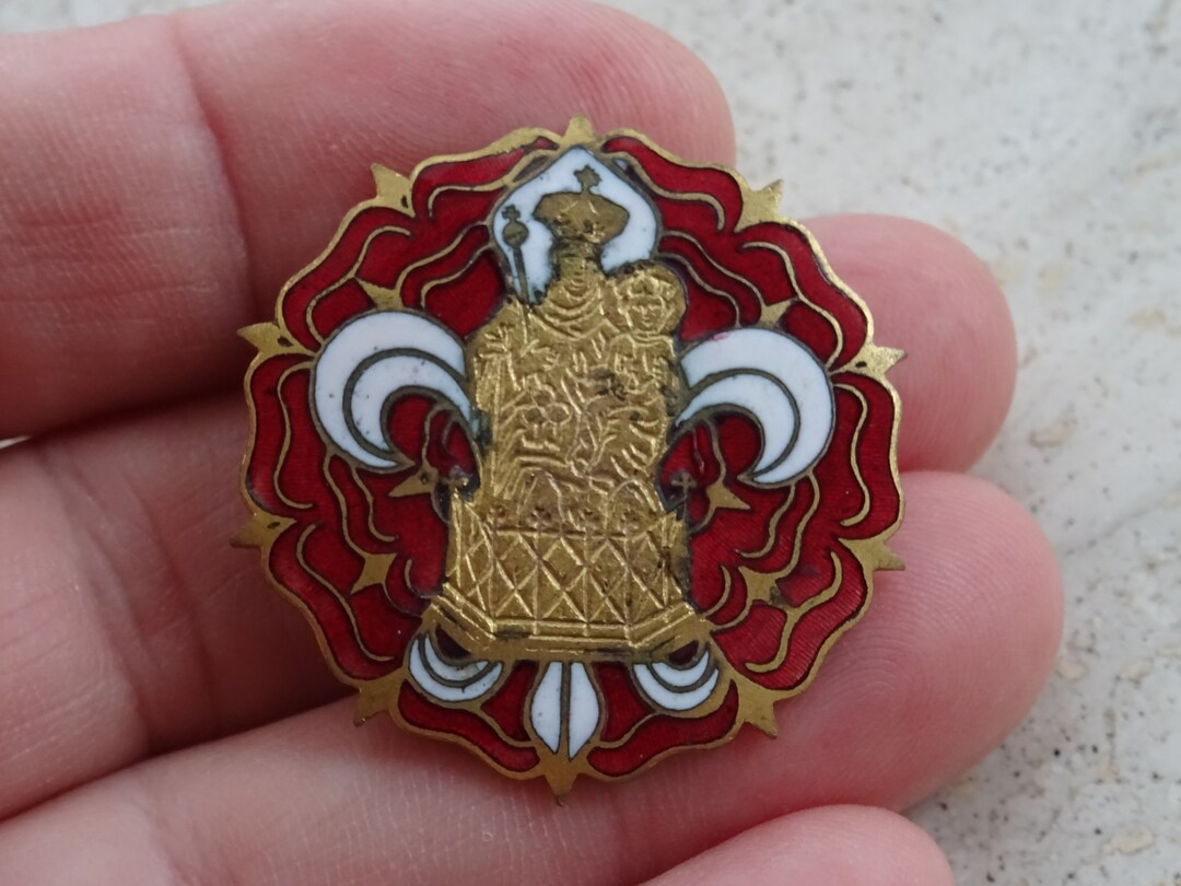 Religious Antique French Catholic Copper Enameled Brooch of Holy Virgin ...