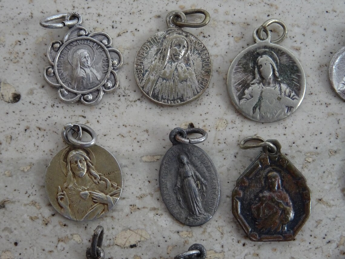 20 Religious Antique French Silver Plated Catholic Medals Charms ...