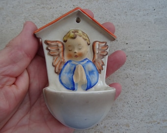 Hummel Goebel Catholic Holy Water Font Stoup of Porcelain With Praying Guardian Angel Cherub ...