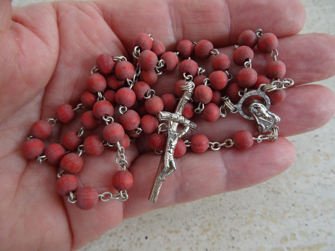 Religious Vintage Catholic Rosary With Red Wooden Beads and Silvered ...