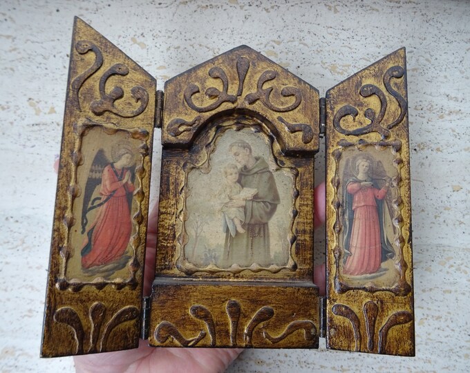 Religious Antique Italian Wooden Triptych Altar Chapel Pocket Shrine ...