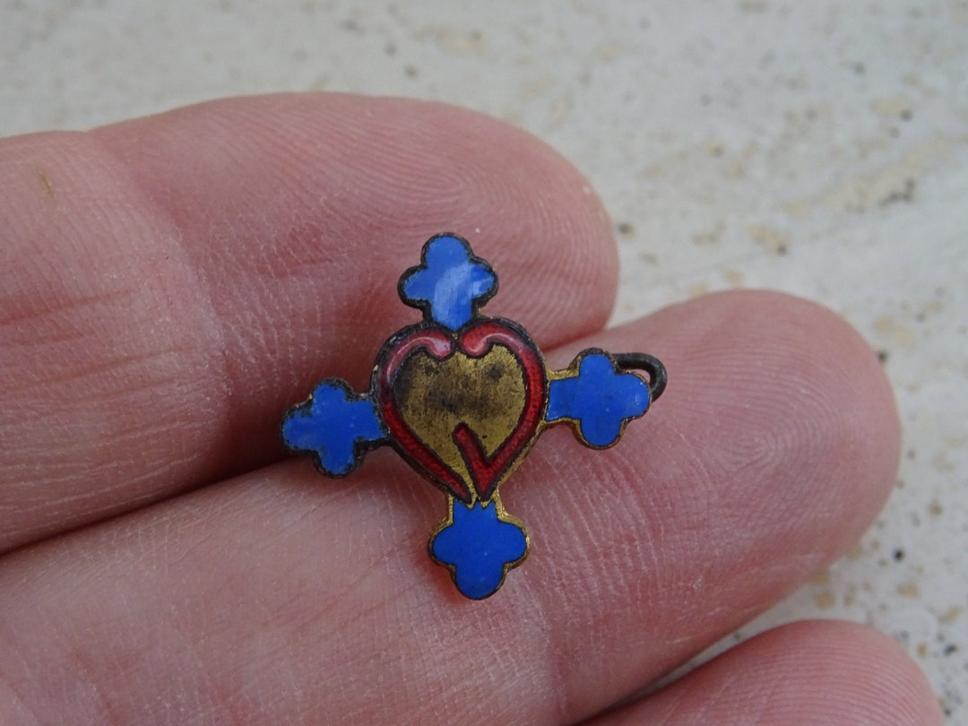 Religious Antique French Copper Enameled Catholic Brooch of a Heart ...
