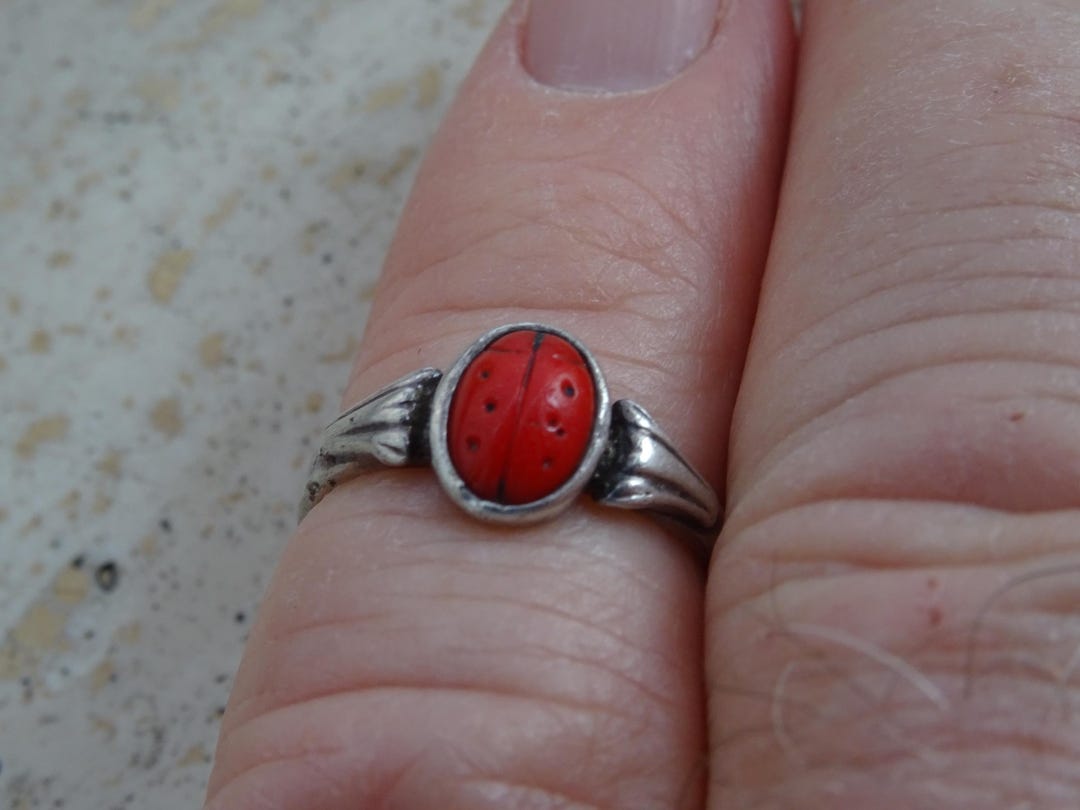 Antique Silver ( MARKED 825 ) Enameled French Ring With a Ladybird ...