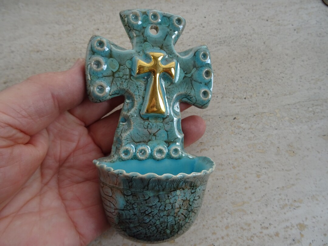 Religious Vintage Glazed Ceramics Pottery Holy Water Font Stoup With ...