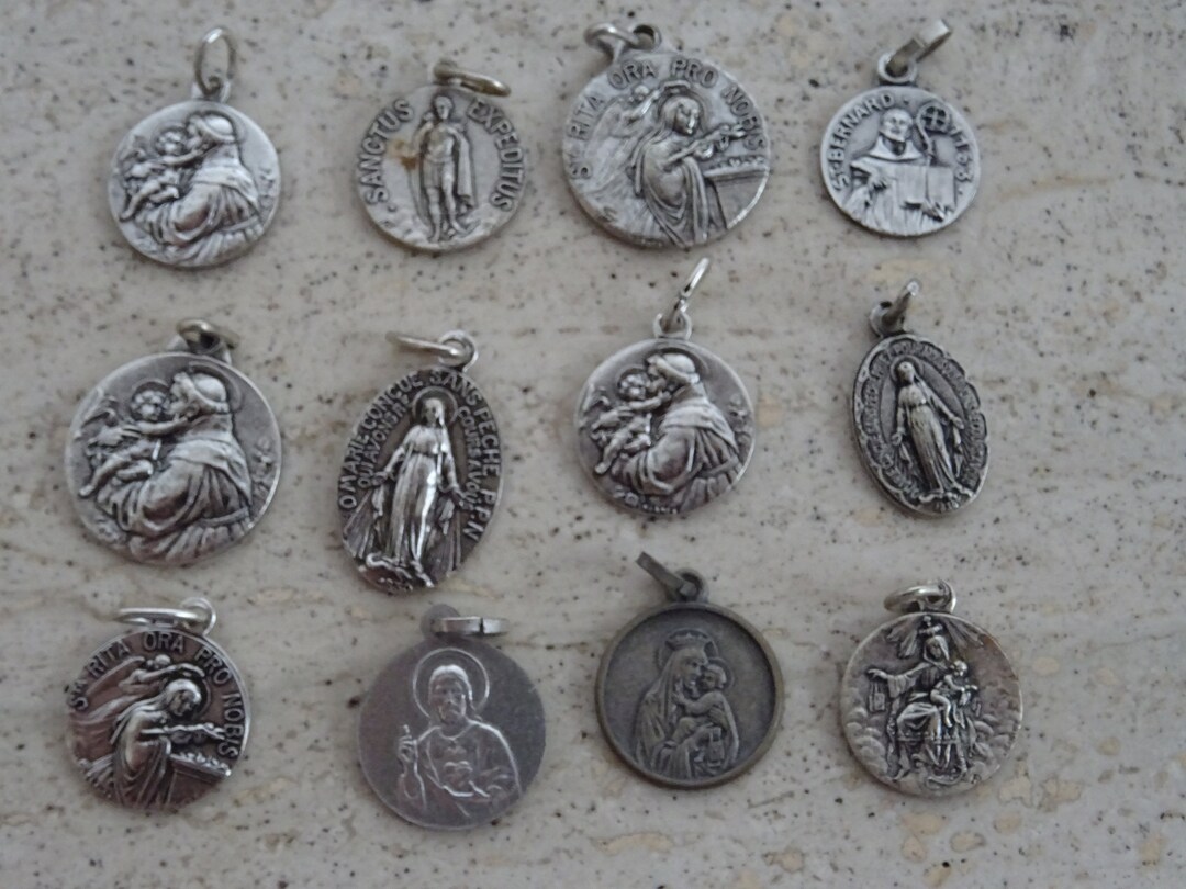 12 Religious Heavy Metal Silver Plated Catholic Medals Pendants Holy ...