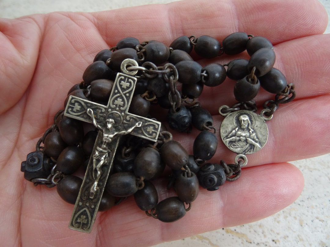 Religious Antique French Catholic Rosary With Brown Beads and Center ...