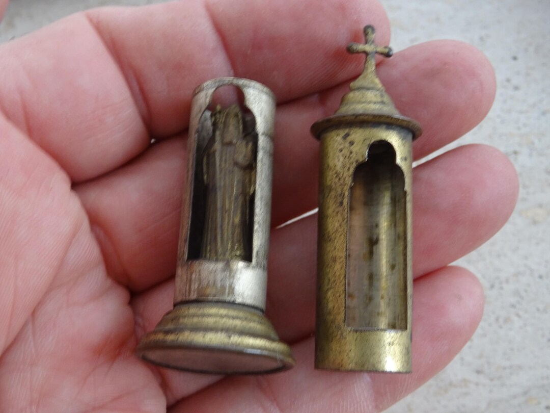 Religious Antique French Catholic Copper Pocket Shrine Reliquary Chapel ...